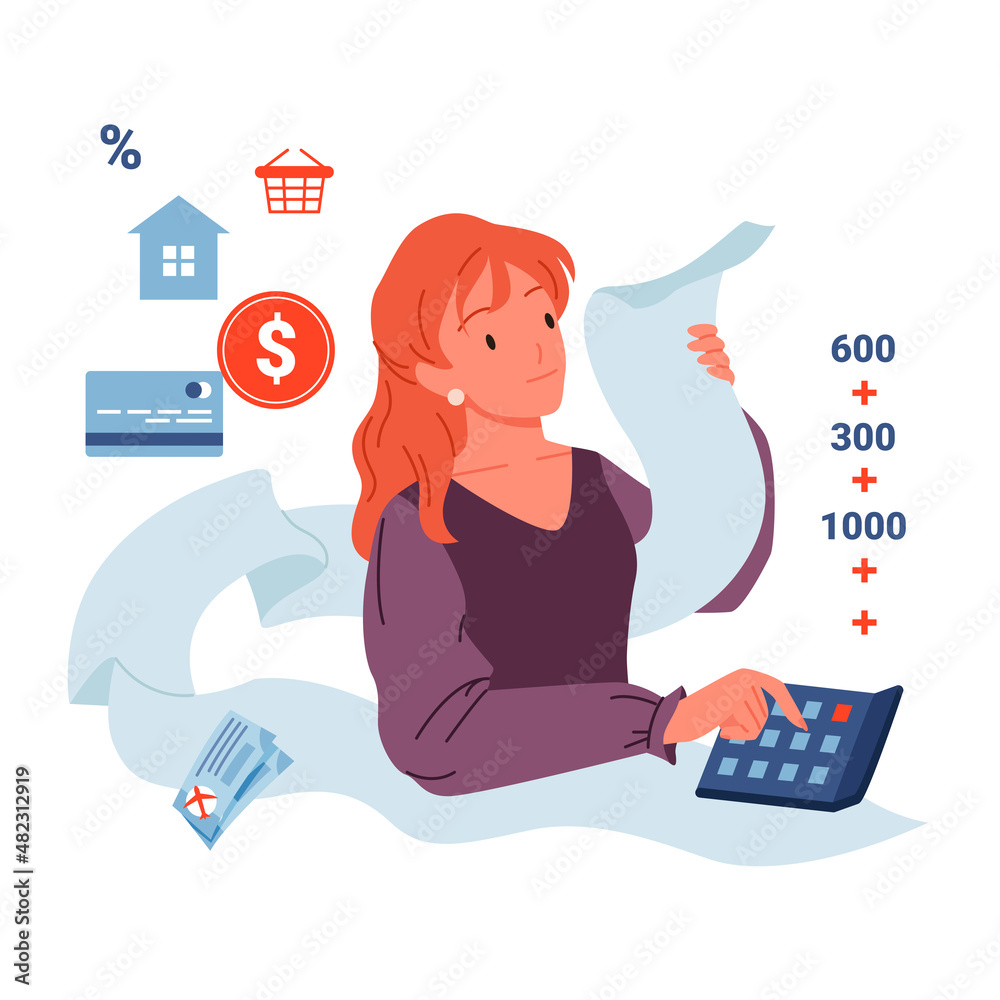 Family budget calculation vector illustration. Cartoon woman with ...