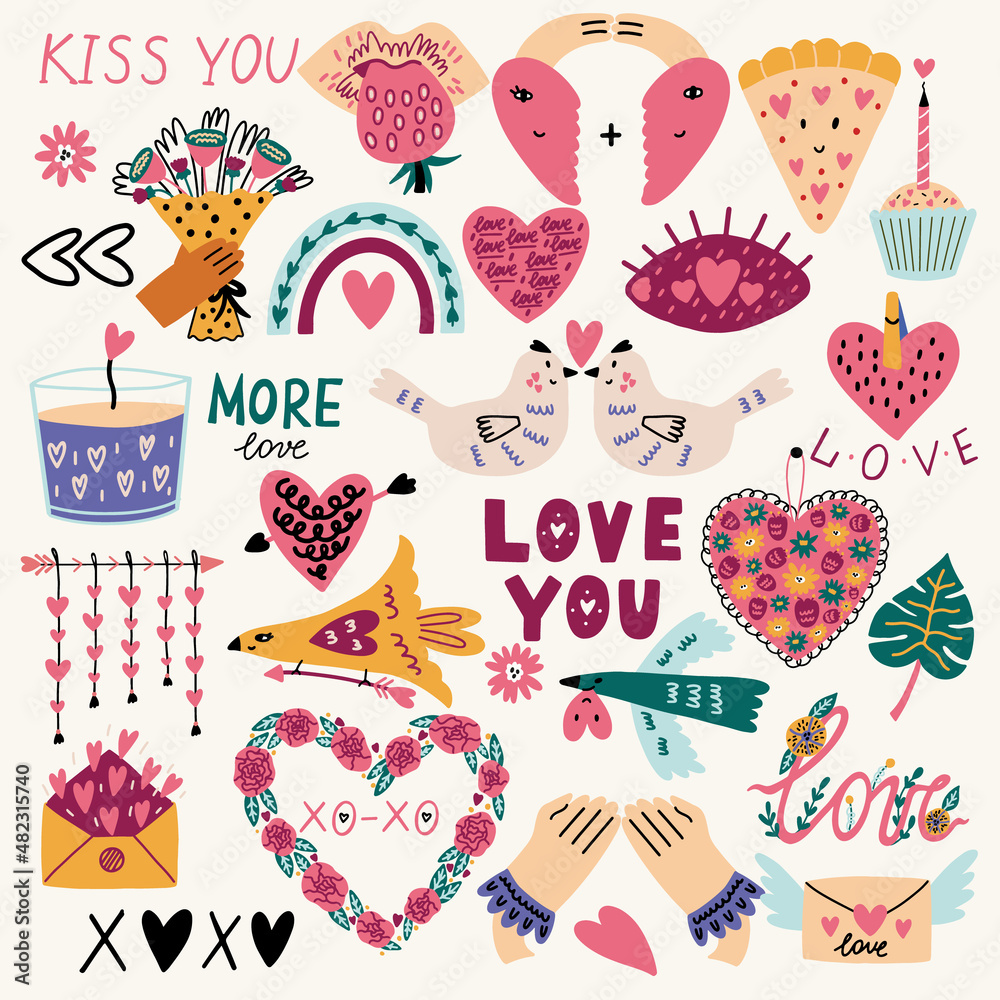Set Valentines Day vector elements doodle hand drawn clipart. Romantic ...