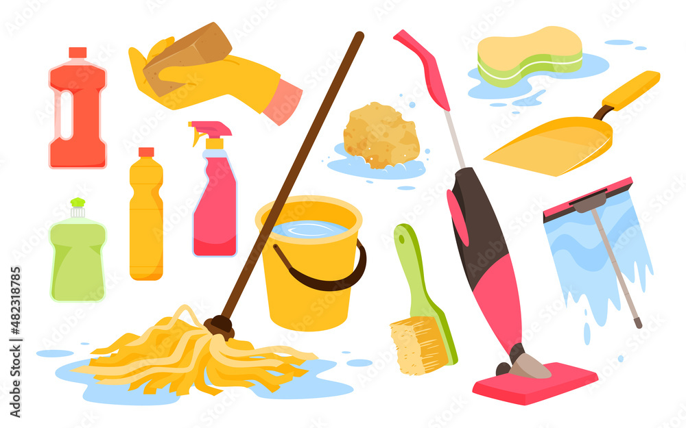 Cleaning equipment and tools to clean household set vector illustration ...