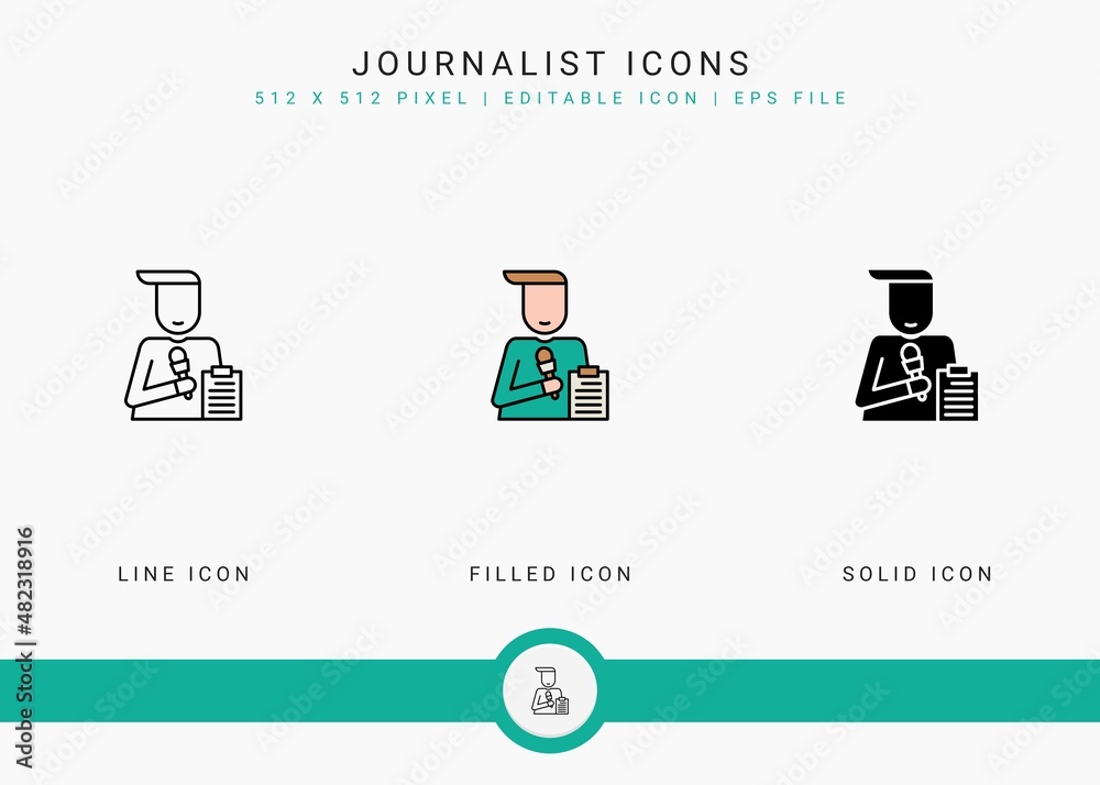 Journalist icons set vector illustration with solid icon line style ...