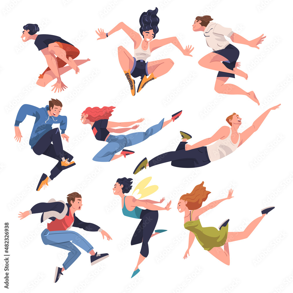 Jumping People Character Feeling Freedom and Motion Flying in Mid Air ...