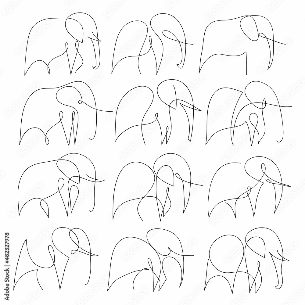 One line elephant design silhouette set. Hand drawn minimalism style ...