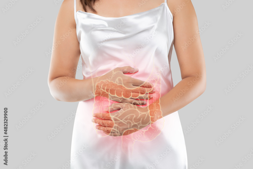 The photo of large intestine is on the woman's body, isolate on white ...