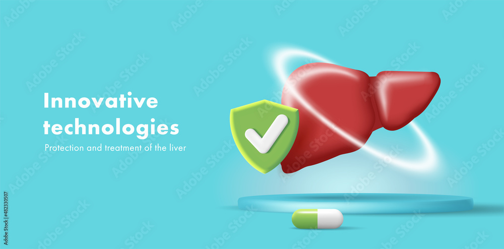 3d illustration of healthy human liver in protective circle with shield ...