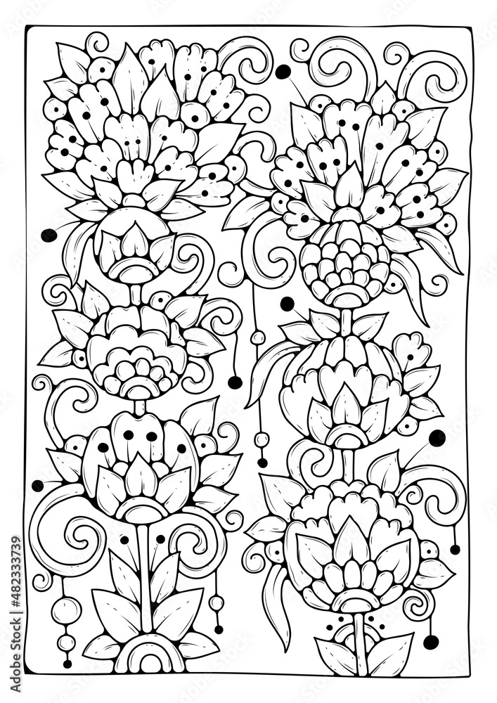 Magic garden coloring page. Black and white background for coloring ...