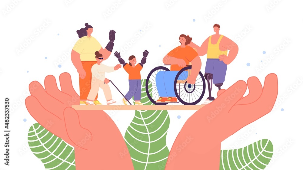 People support. Hands hold human without hand, leg or vision, person in ...