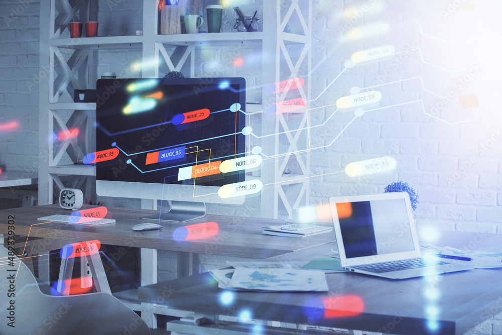 Multi exposure of data theme drawing and office interior background ...