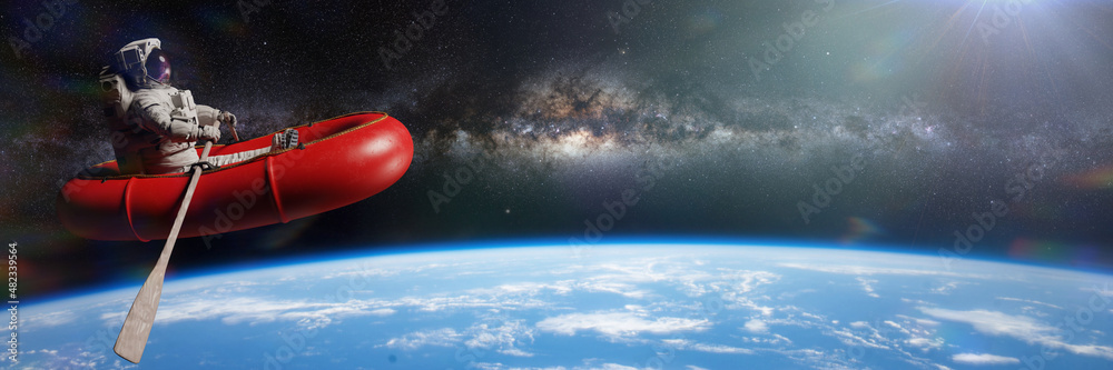 astronaut in rubber boat in orbit of planet Earth, background banner ...