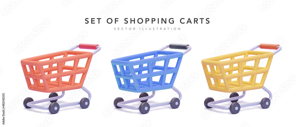 Poster Collection of shopping carts on white background in 3d realistic ...