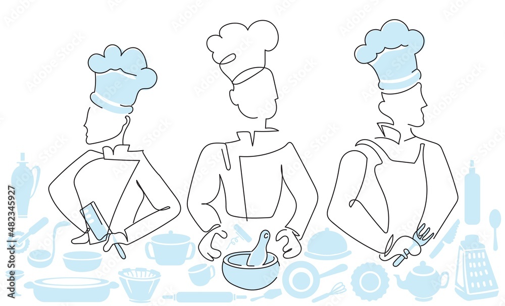 Continuous one line drawing of young attractive male chefs holding ...