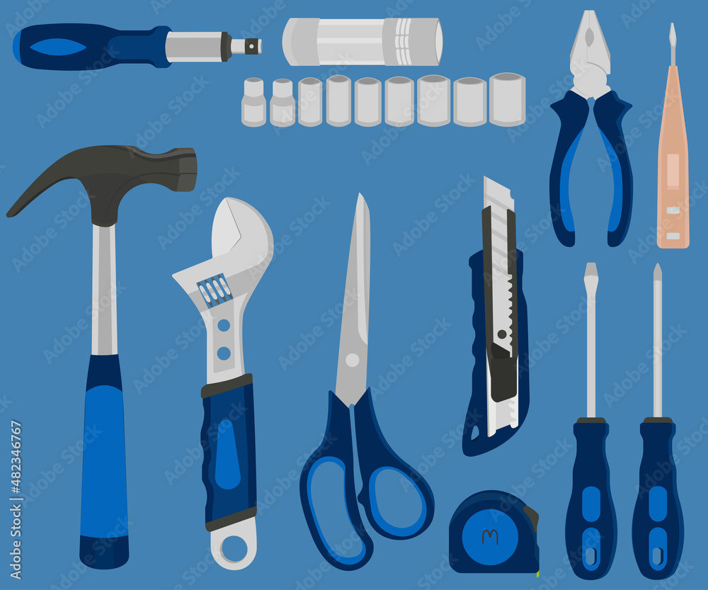 Set Tools kit. Different instruments. Screwdriver, hammer, scissor ...