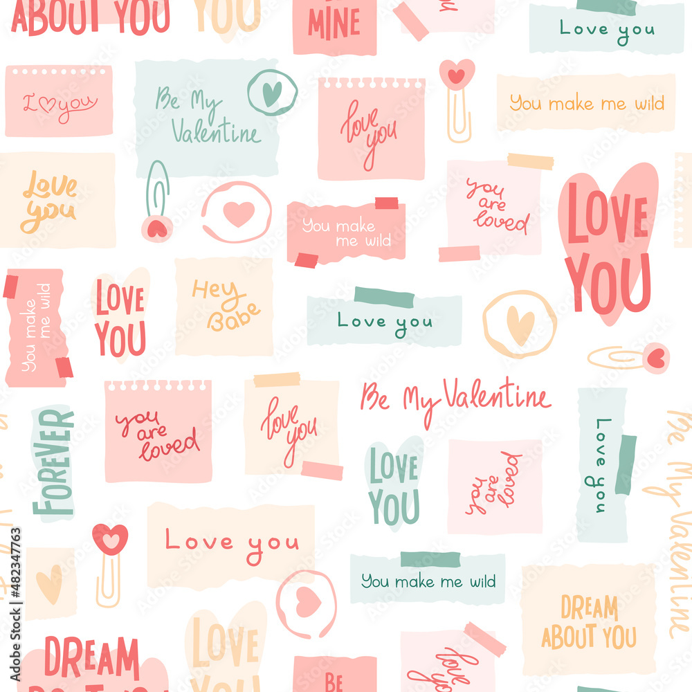 Love messages and quotes on various paper sheets, notes with tapes ...