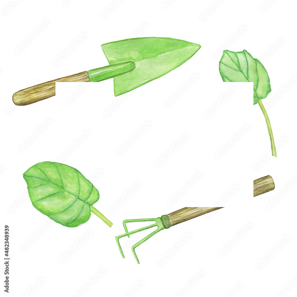 Frame of cultivation plant with trovel and fork isolated on white ...