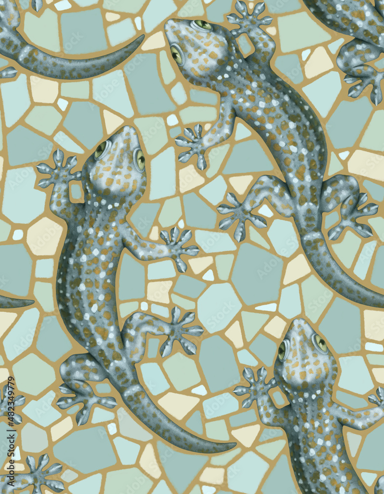 Seamless pattern design with hand drawn illustrations of Tokay Gecko ...