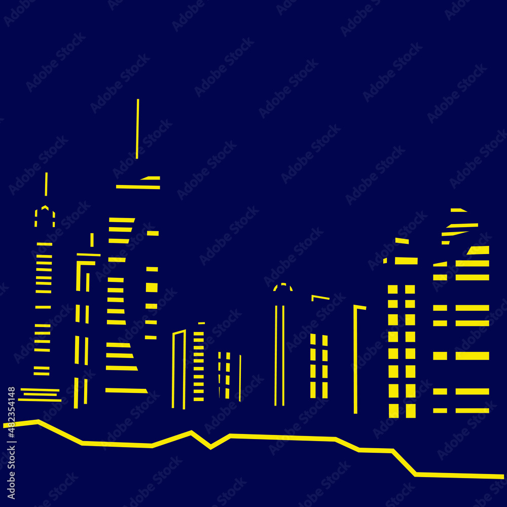 City town night lights line art design skyline with buildings, towers ...