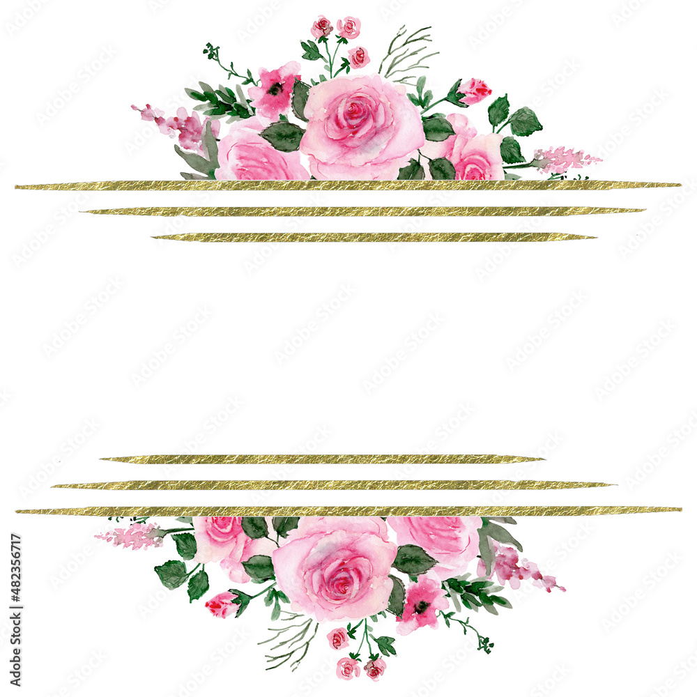 Abstract gold glitter Border and Pink Roses, Flower composition ...