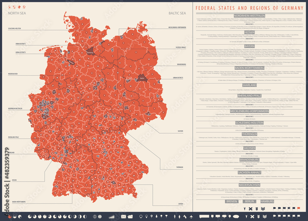 Infographics map of federal states of Germany with administrative ...