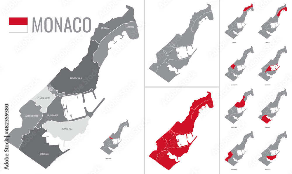 Detailed vector map of regions of Monaco with flag Stock Vector | Adobe ...