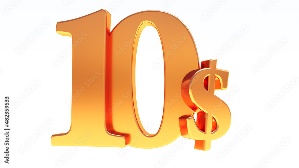 golden ten (10) dollars number isolated on white background, 3D render ...