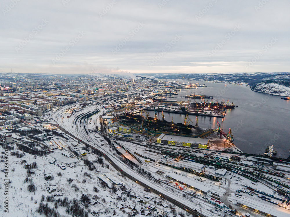 Beautiful aerial air winter vibrant view of Murmansk, Russia, a port ...