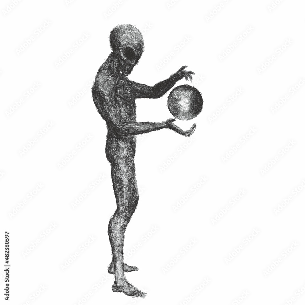 Alien with magic sphere. Side view. Vector illustration. Doodle sketch ...