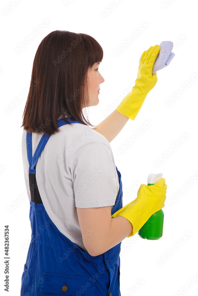 back view of professional female cleaner in blue uniform cleaning ...