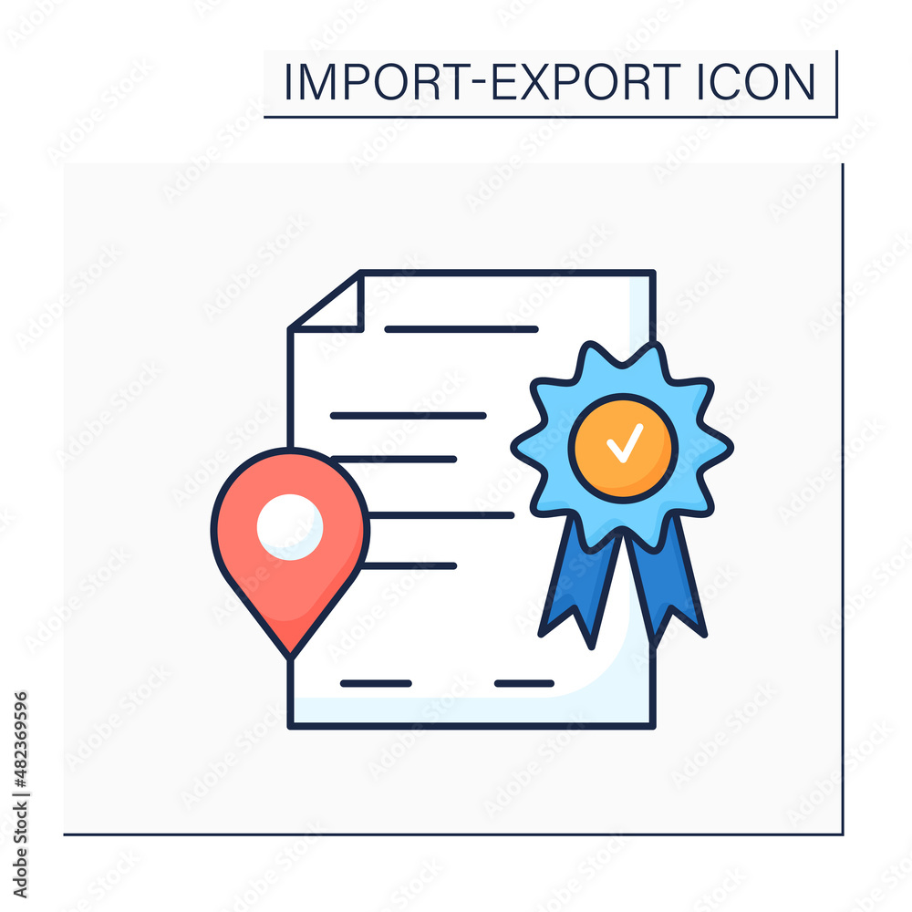 Certificate of origin color icon.Document about country of manufacture ...