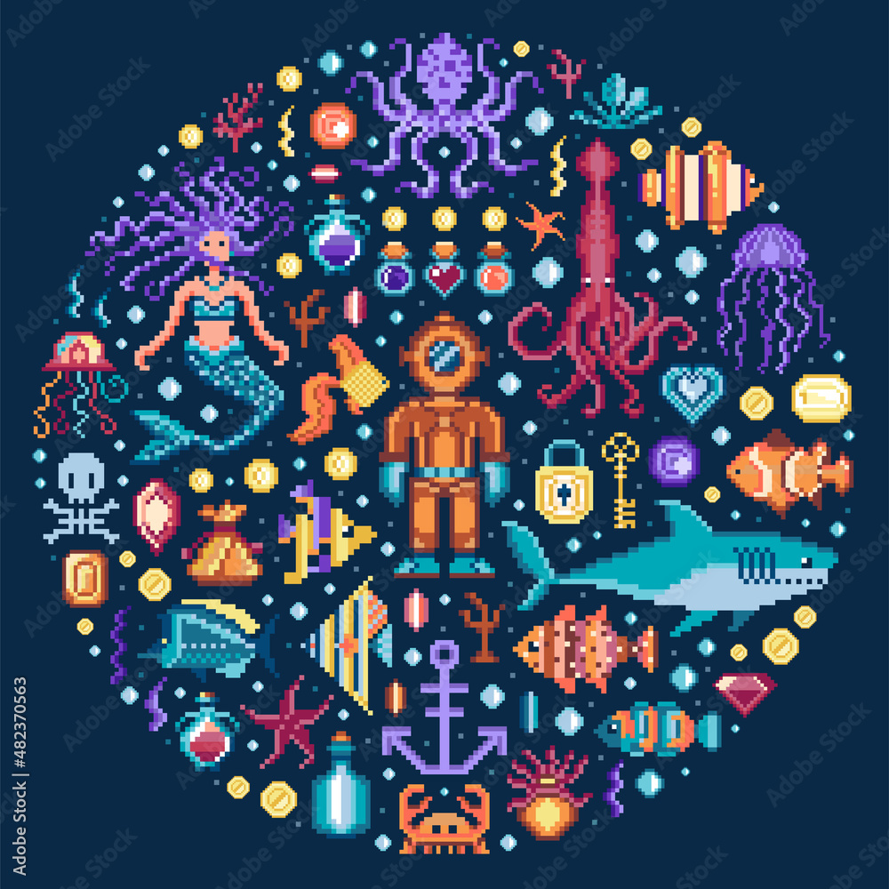 Vetor de Pixel Art Underwater Adventure 8 bit Print do Stock | Adobe Stock