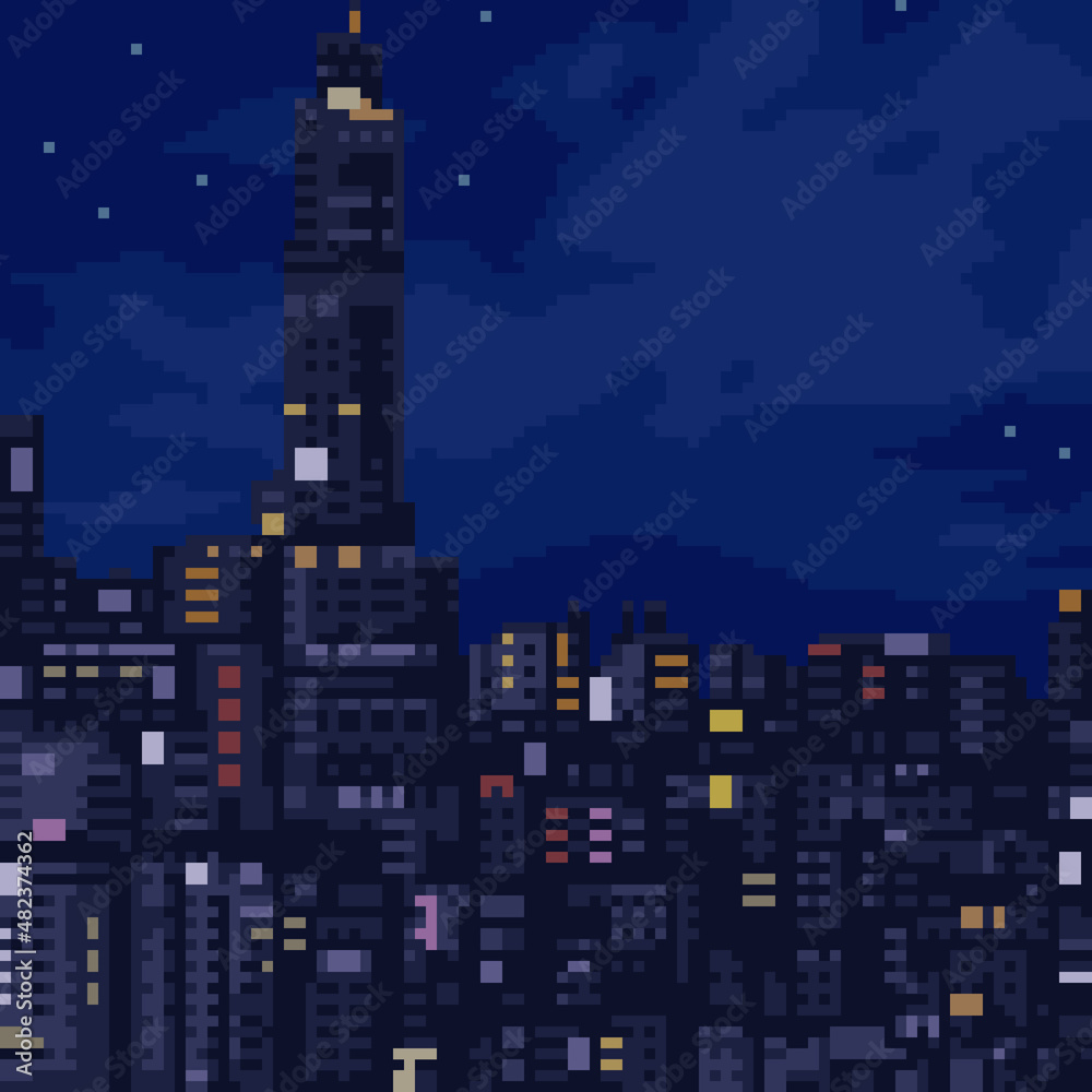 pixel art city night view Stock Vector | Adobe Stock