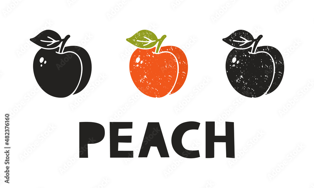 Peach, silhouette icons set with lettering. Imitation of stamp, print ...