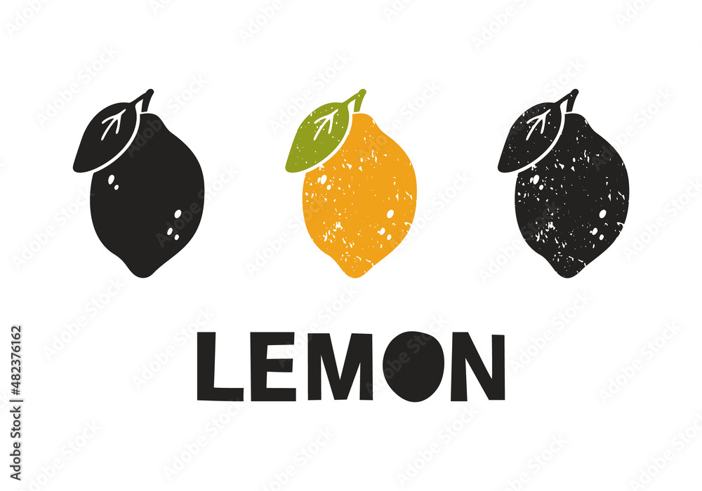 Lemon, silhouette icons set with lettering. Imitation of stamp, print ...