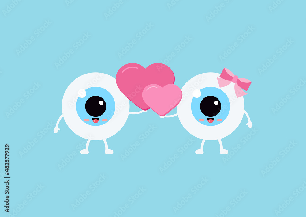 Eye ball couple in love with hearts in hand. Happy Valentines Day cute ...