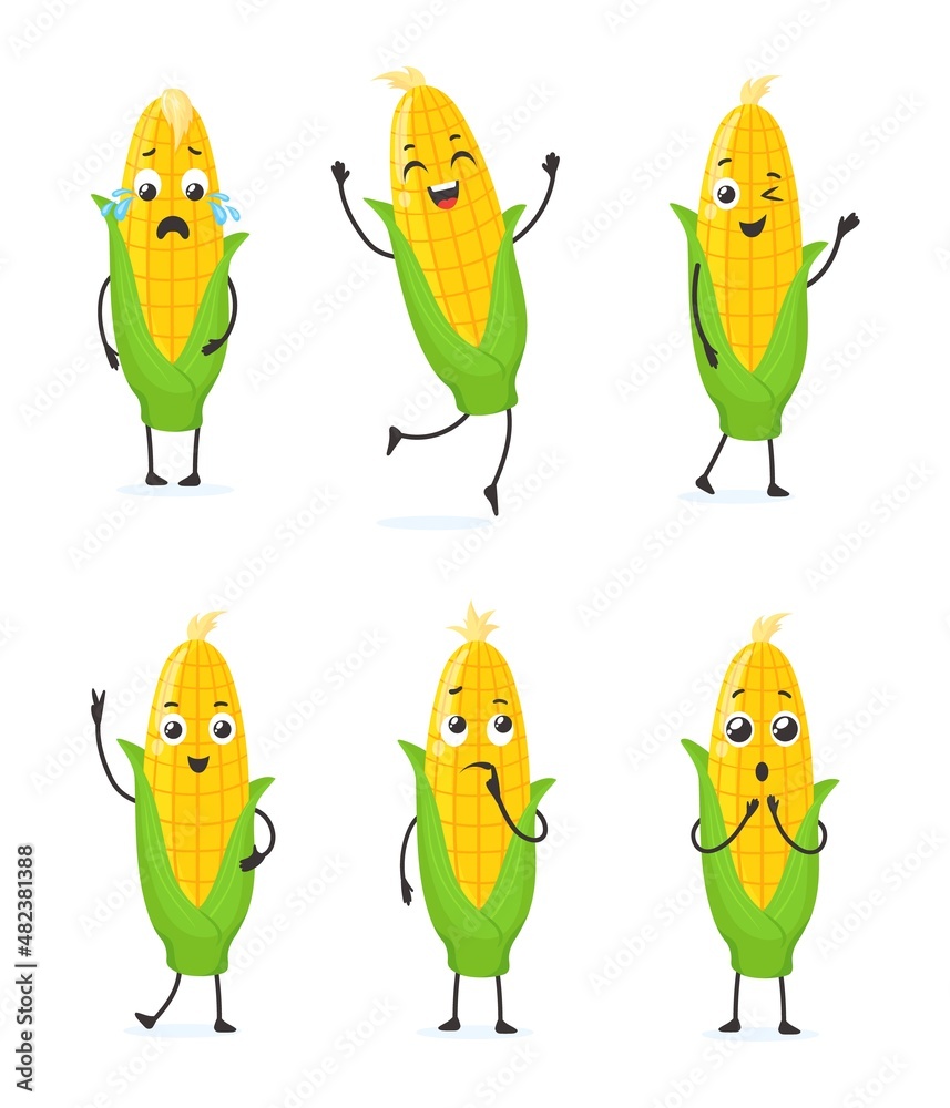 Maize emoji. Cartoon cute corn character, funny corncob emoticons ...