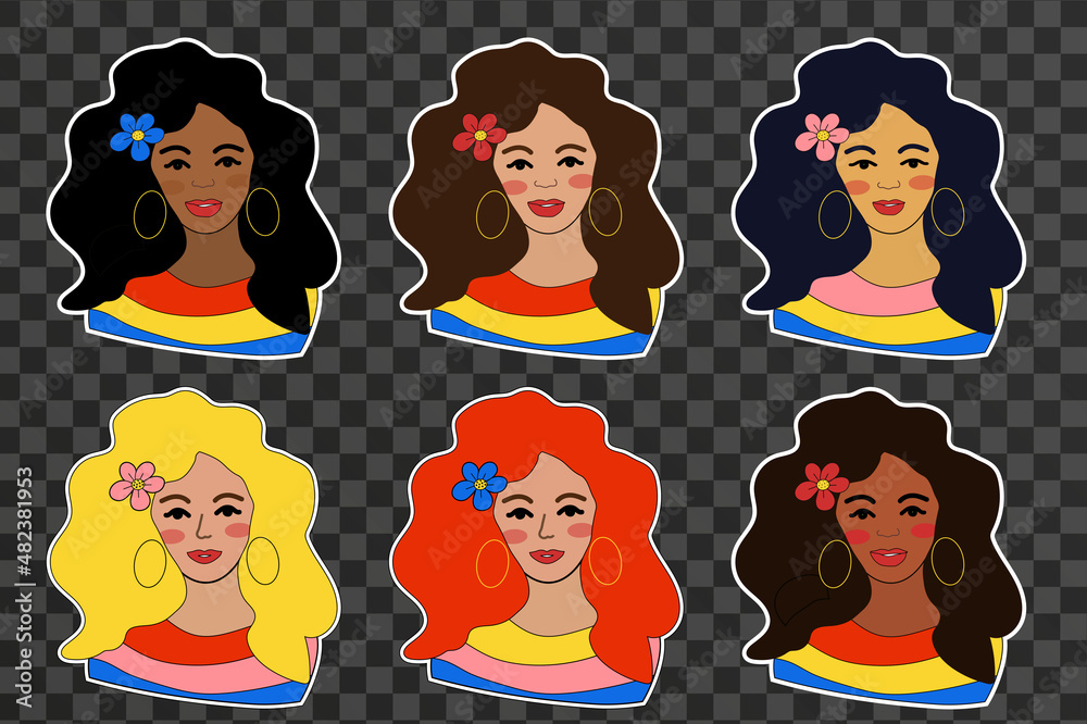 Women in retro style different races sticker. Flat cartoon girl ...