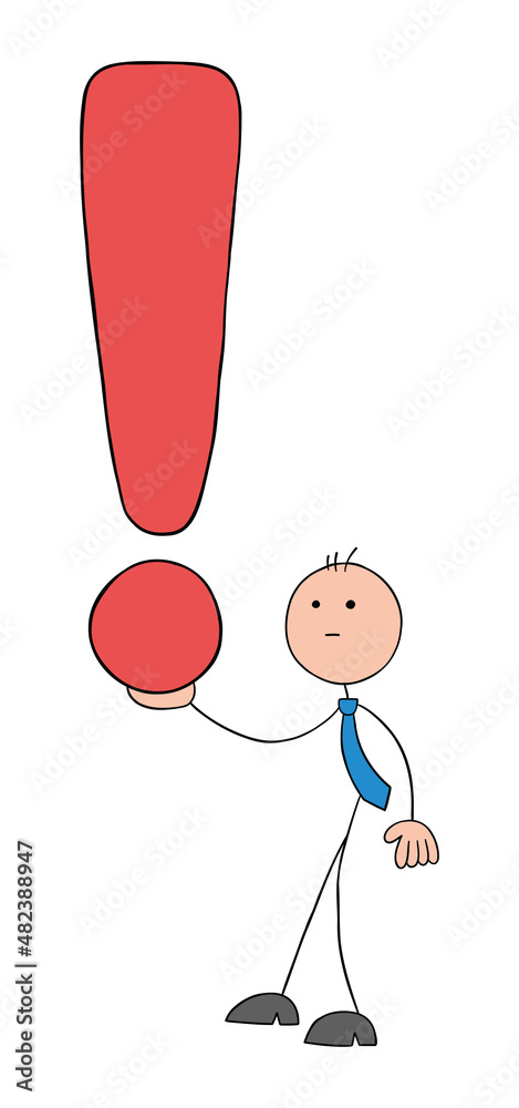 Stickman businessman holding exclamation mark, hand drawn cartoon ...