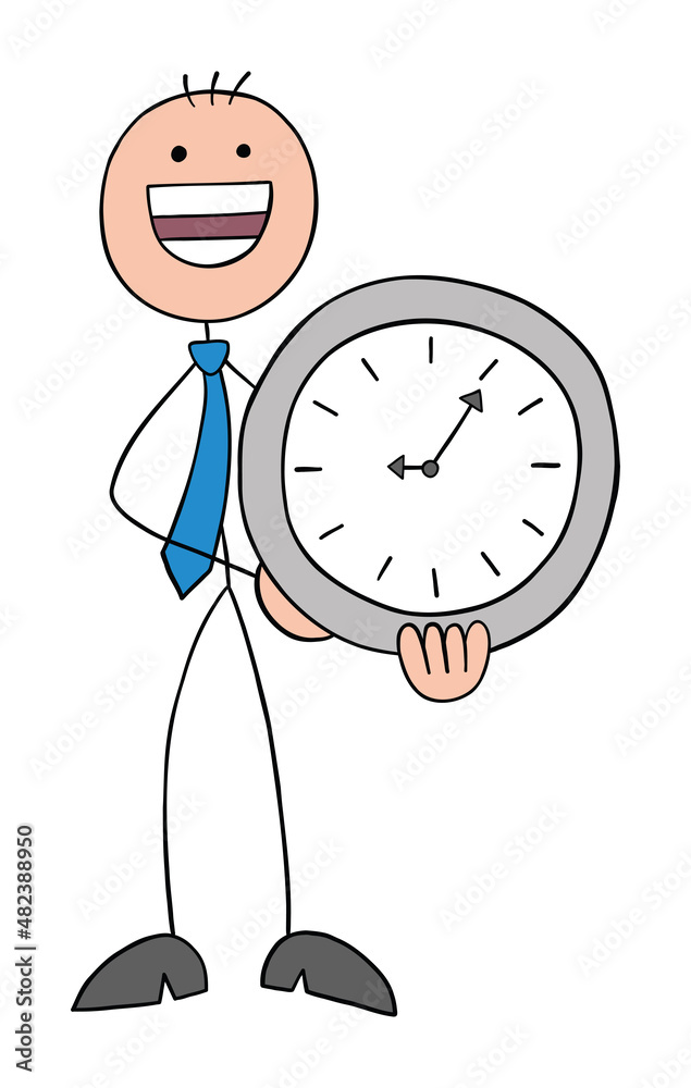 Stickman businessman holding clock and very happy, hand drawn cartoon ...
