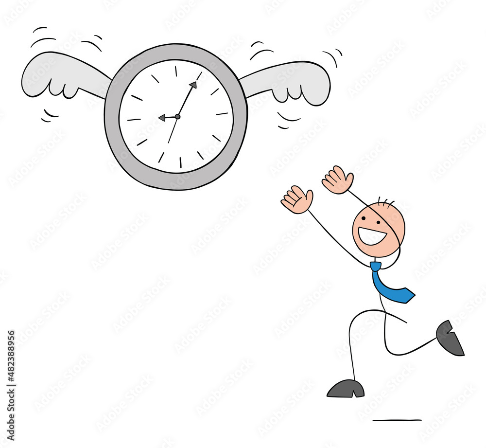 Stickman businessman is chasing the winged flying clock and trying to ...