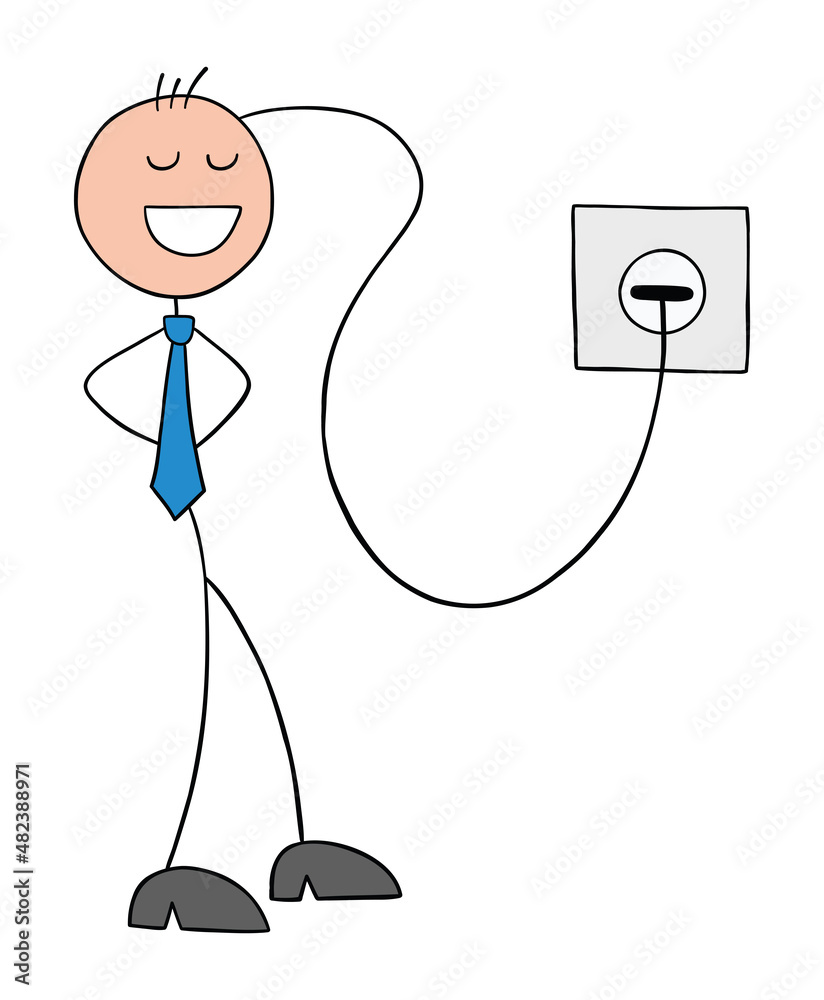 Stickman businessman has a wire in his head and is charging his brain ...
