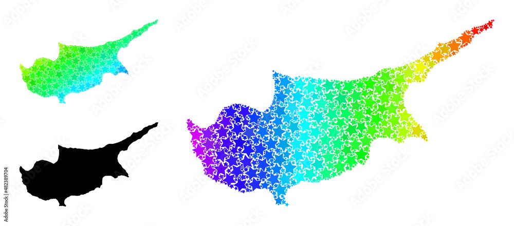 Spectral gradient star collage map of Cyprus Island. Vector colorful ...