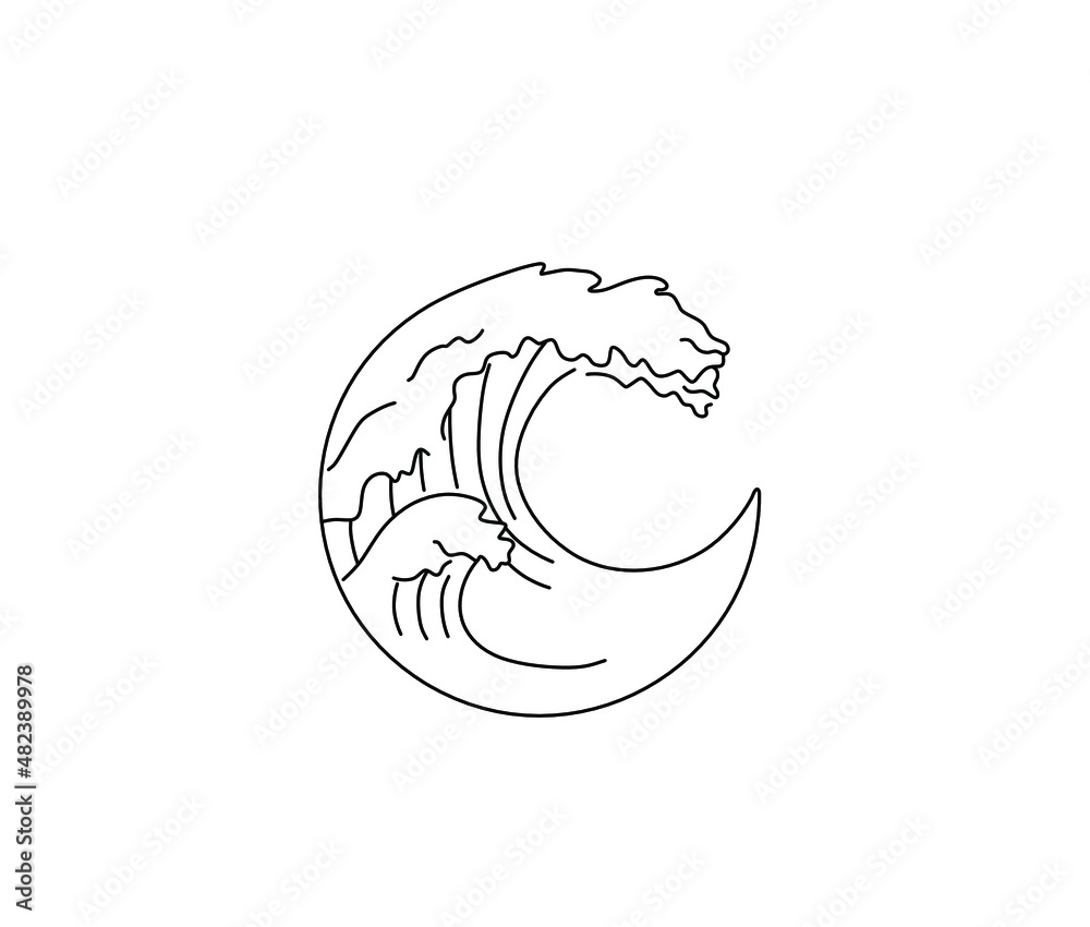 Vector isolated sea wave in circle, round ocean wave colorless black ...