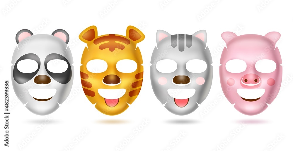 Cosmetic animal face mask. Realistic cotton facial sheets with ...