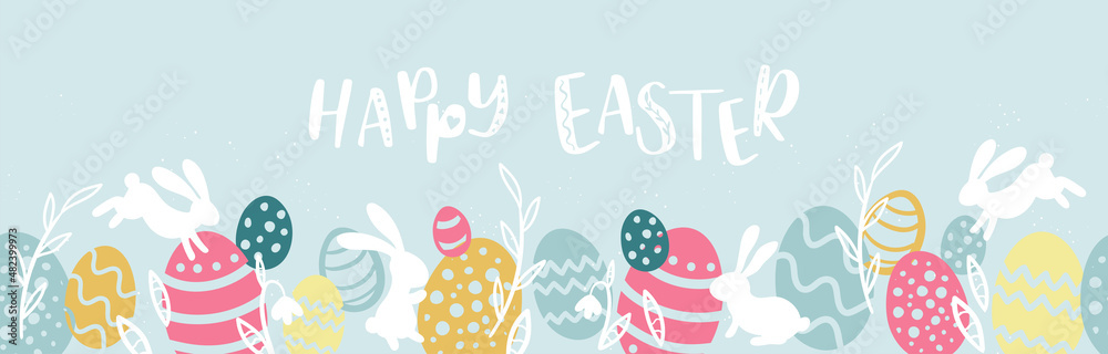 Cute hand drawn Easter horizontal seamless pattern with bunnies ...