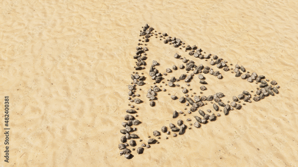 Concept conceptual stones on beach sand handmade symbol shape, golden ...