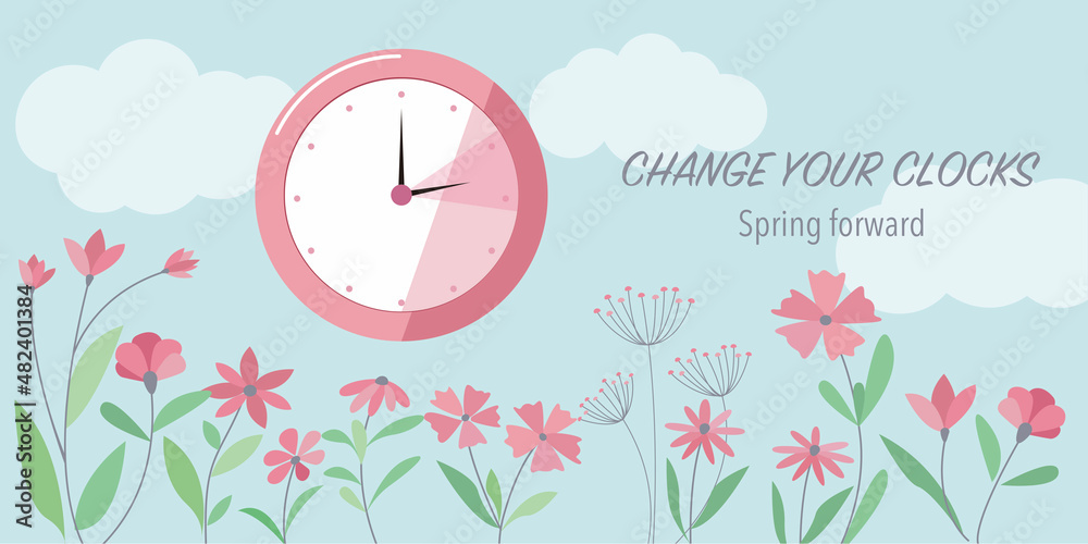 clock and flowers, Spring forward concept illustration. Daylight save ...