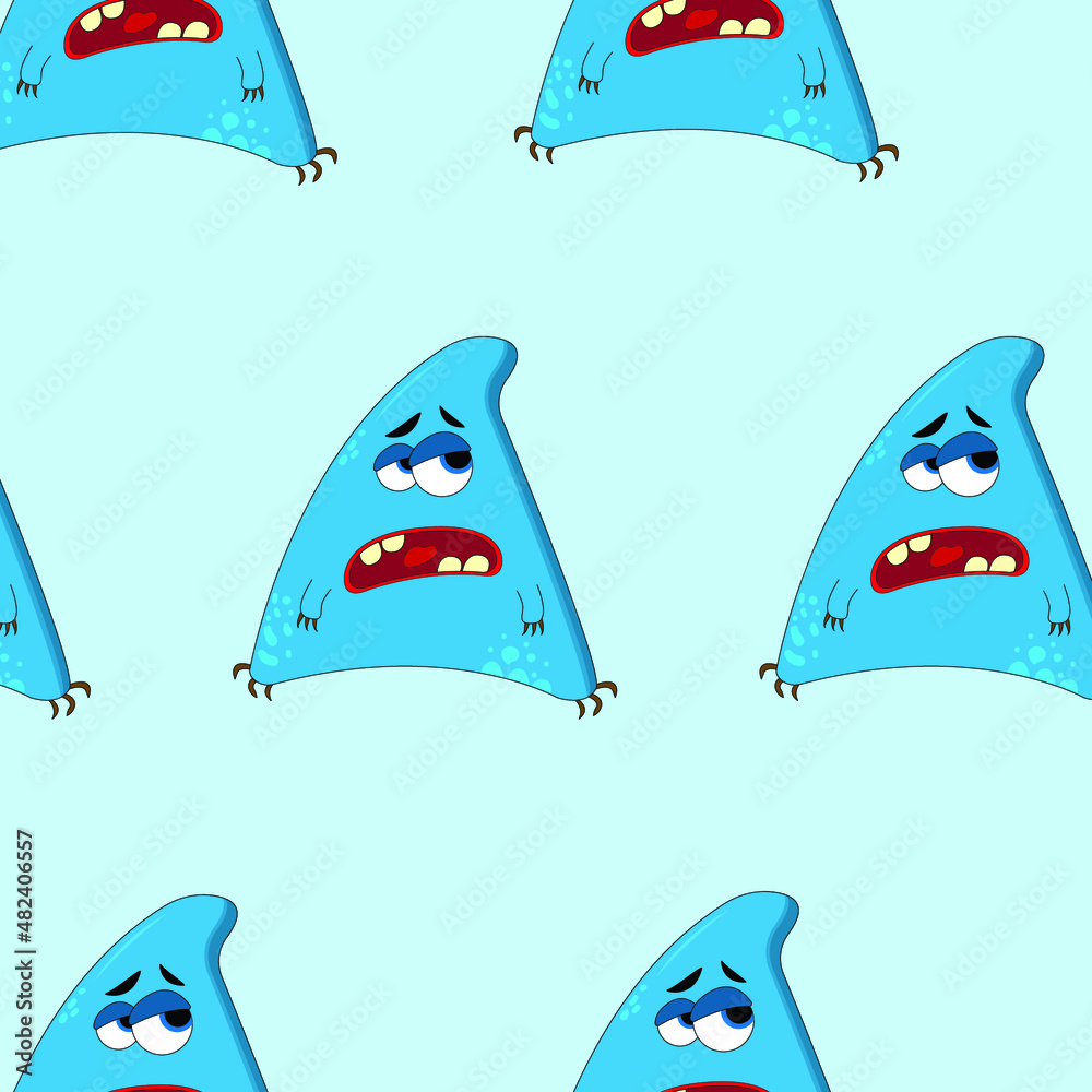 Seamless pattern of cartoon sad blue monster on a monochrome background ...