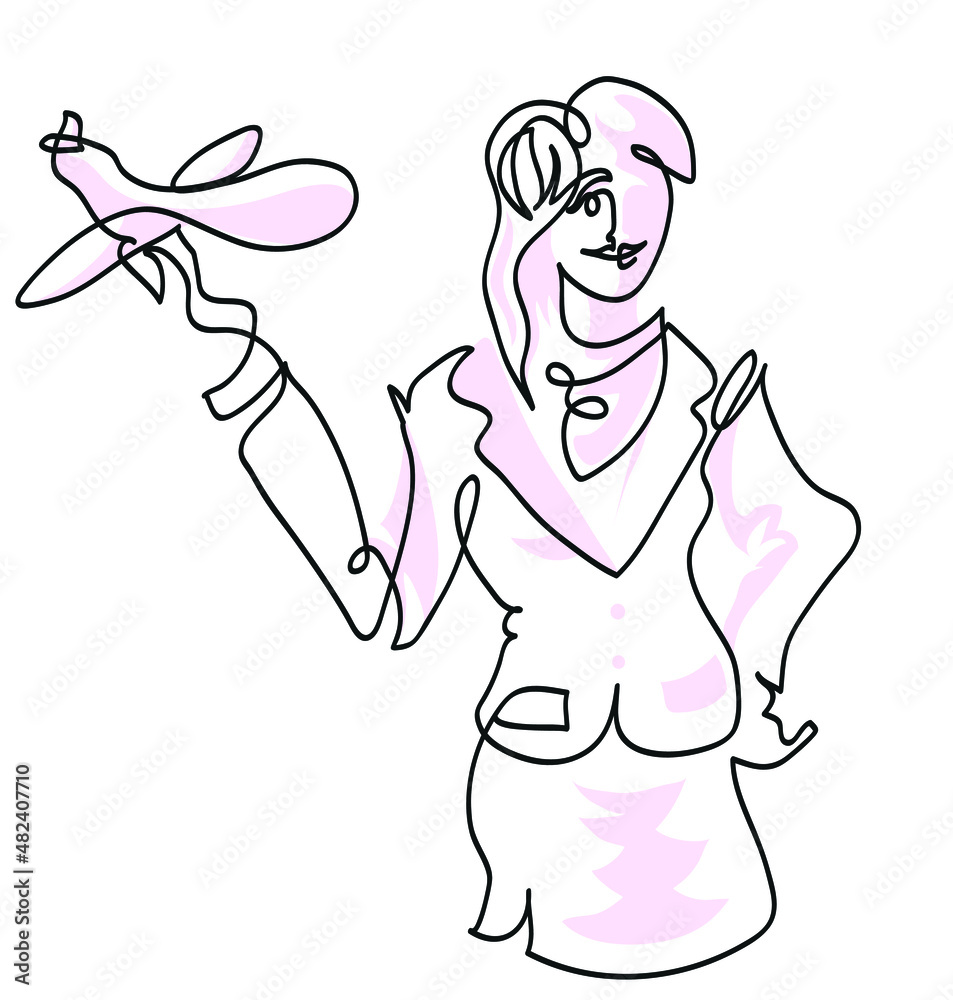 One line drawing of air hostess. One continuous line drawing of hostess ...