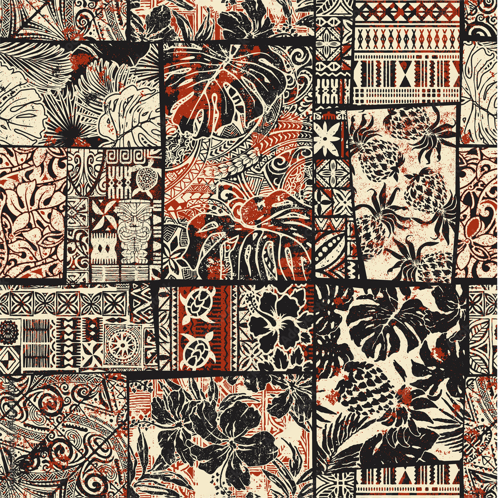 Hawaiian hibiscus and tribal element fabric patchwork abstract vintage ...