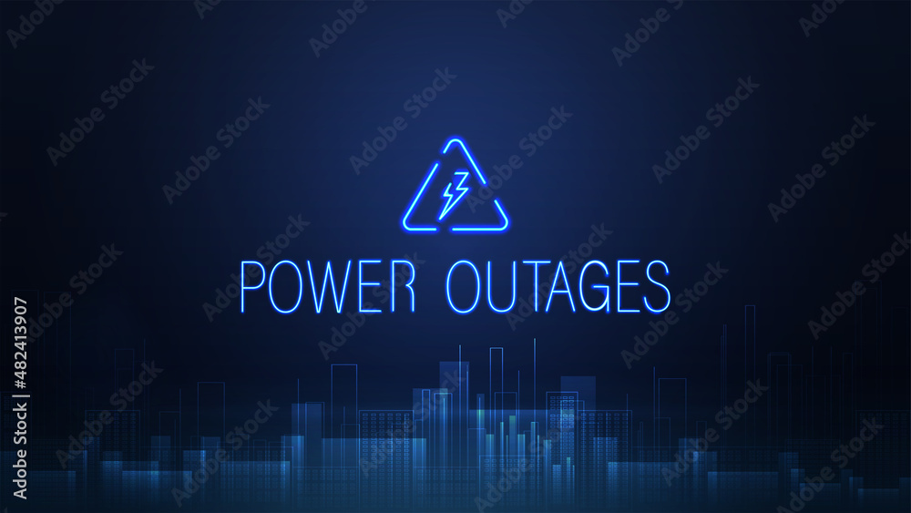 Power Outages, blue poster with neon warning logo and city without ...