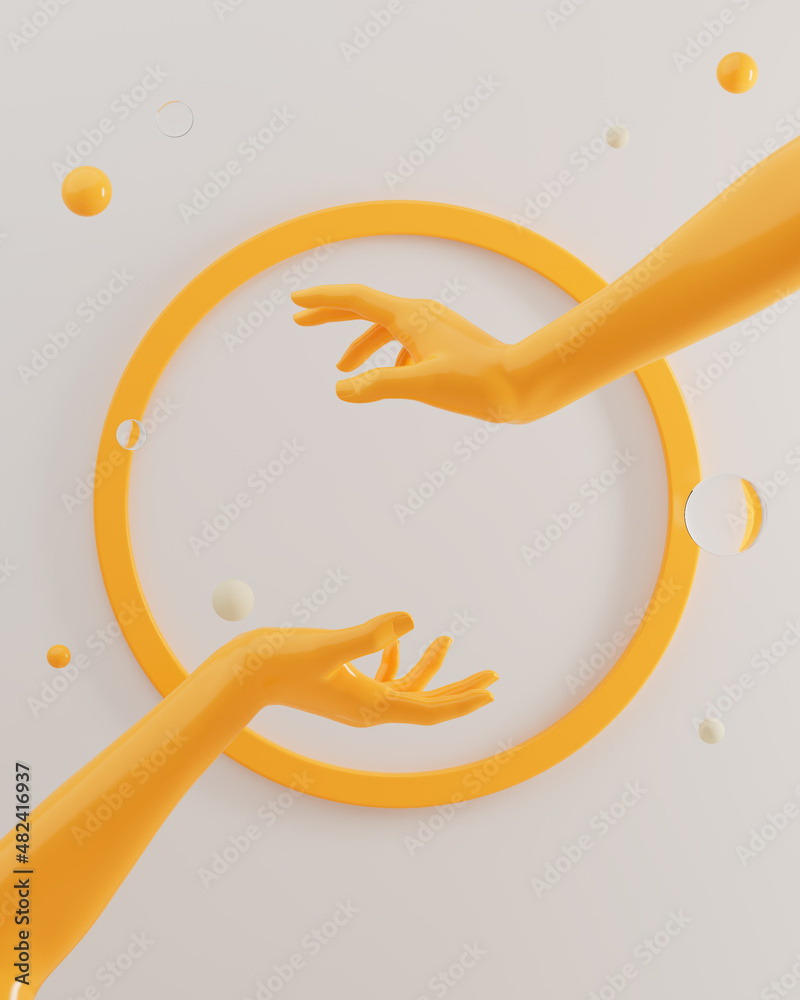 3d rendering illustration of yellow hands. Human body parts. Concept ...
