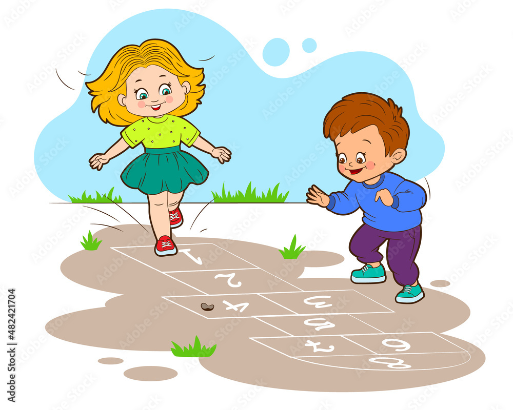 Girl and boy are jumping while playing hopscotch. Vector illustration ...